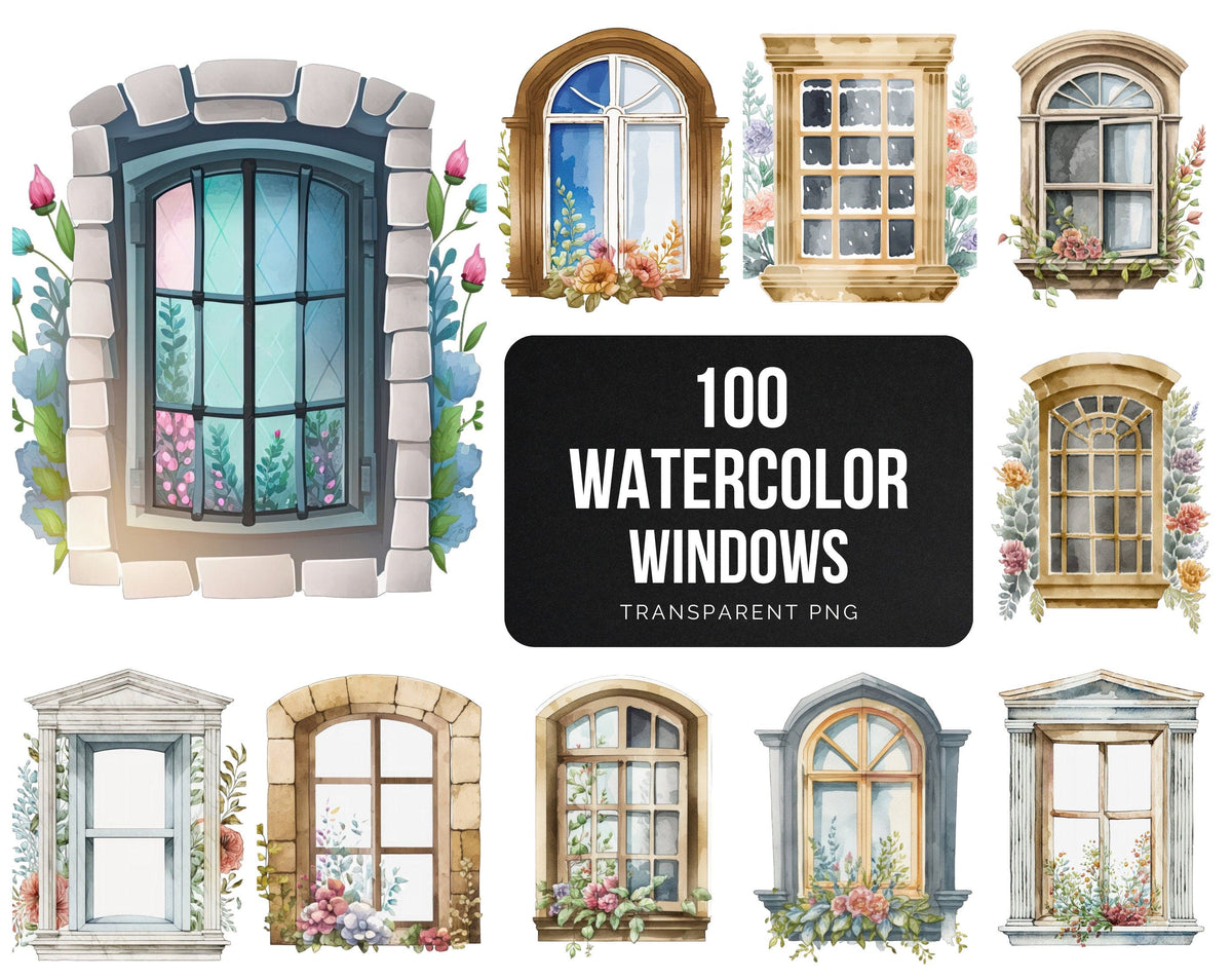 Watercolor Windows Clipart - Windows with flowers PNG format instant d