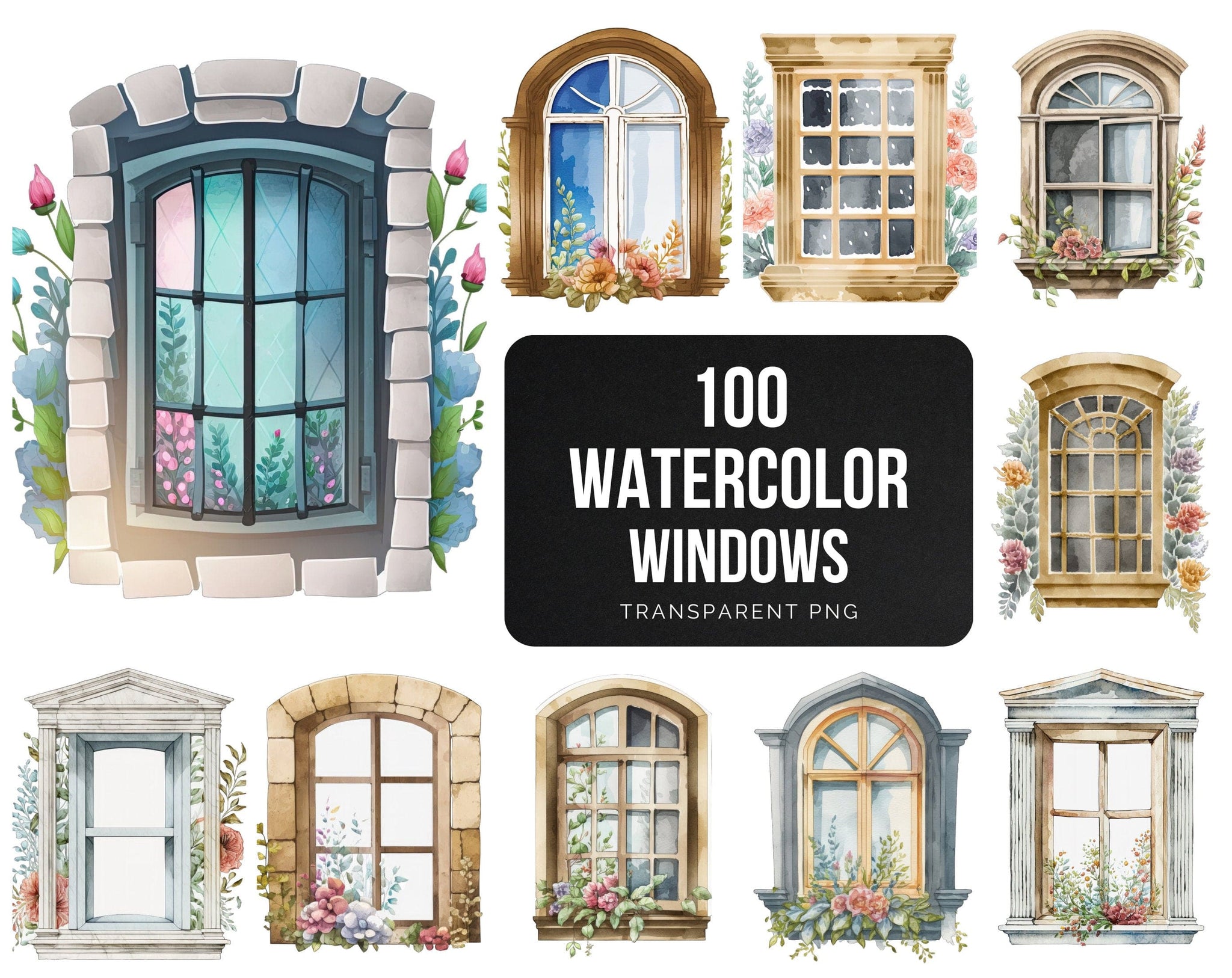 Watercolor Windows Clipart - Windows with flowers PNG format instant d