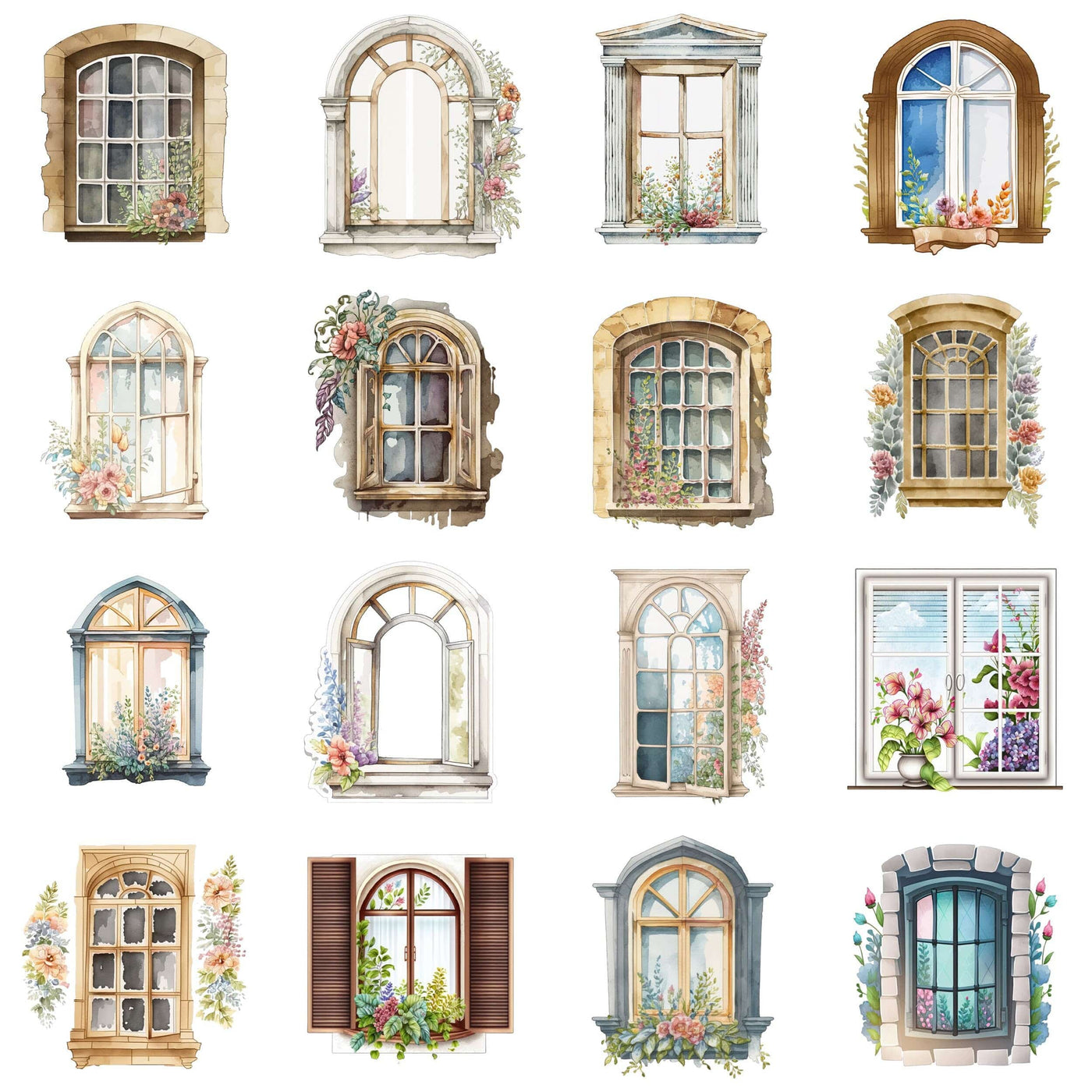 Watercolor Windows Clipart - Windows with flowers PNG format instant d