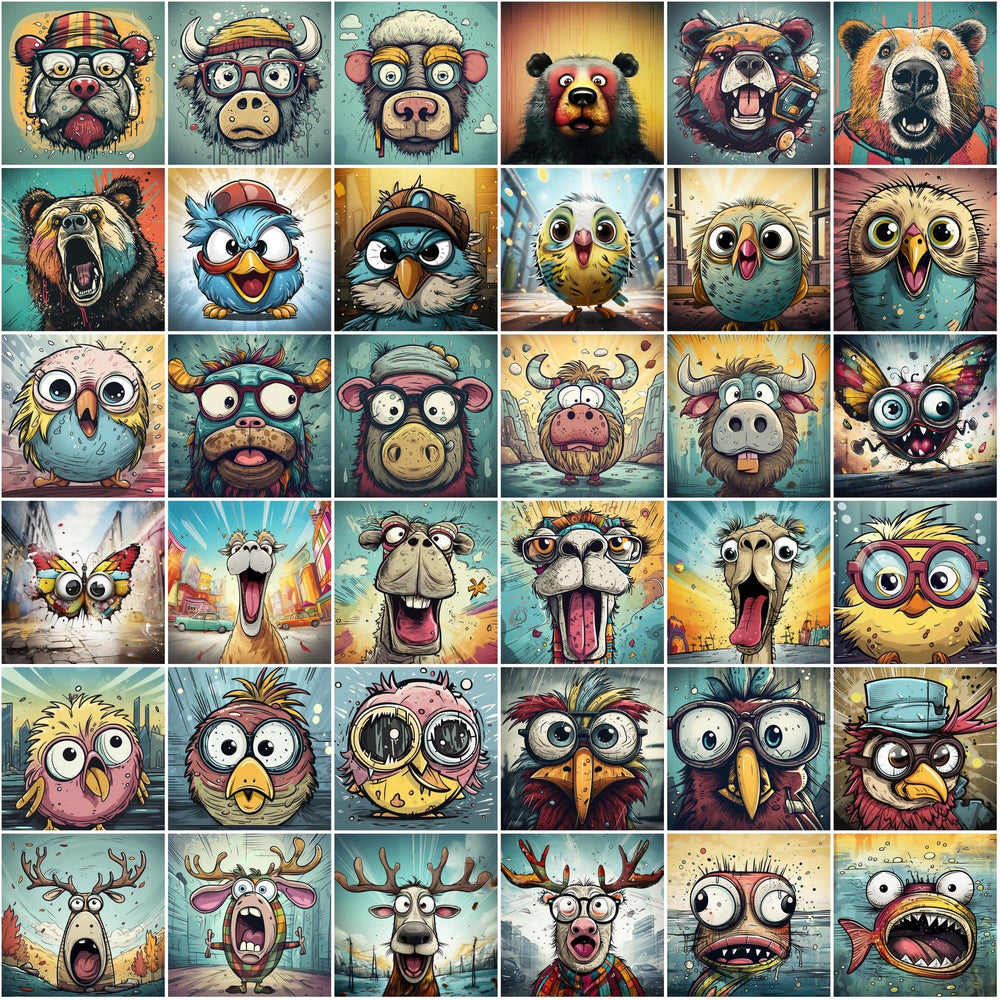 Whimsical Expressions: 490 Vibrant Surprised Cartoon Animal Portraits